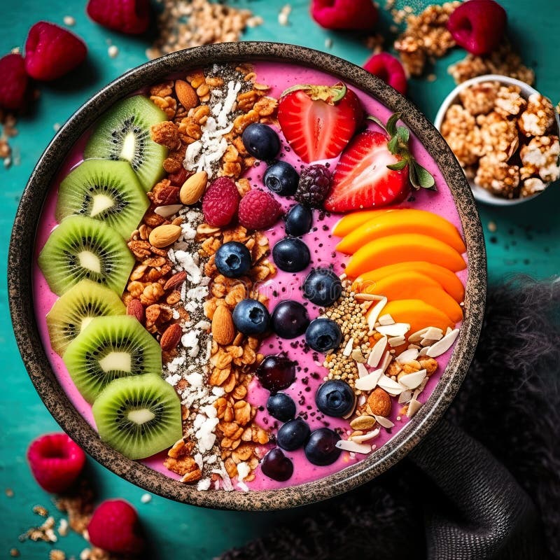 Smoothie Bowl with Berries, Nuts, Kiwi and Fruits, Top-down View Stock ...