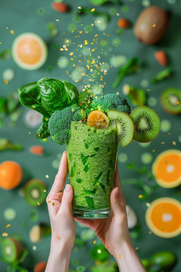 Smoothie with Green Vegetables and Fruits in Hands. Selective Focus ...