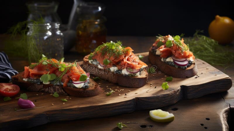 Smorrebrod - Danish Open-faced Sandwich, Elegantly Arranged on a Rustic ...