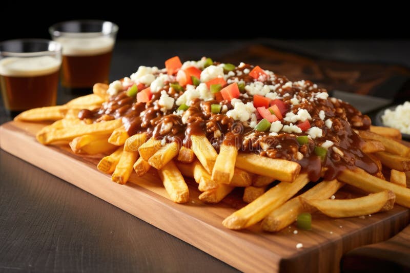 Smothered Chili Cheese Fries on a Breadboard Stock Image - Image of ...