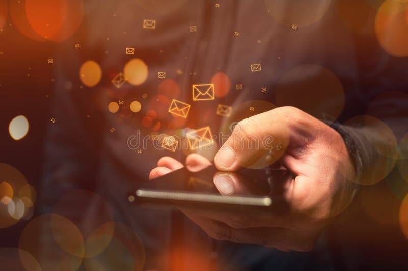 SMS or Text Messaging Service on Smartphones, Male Hand Tapping Mobile ...