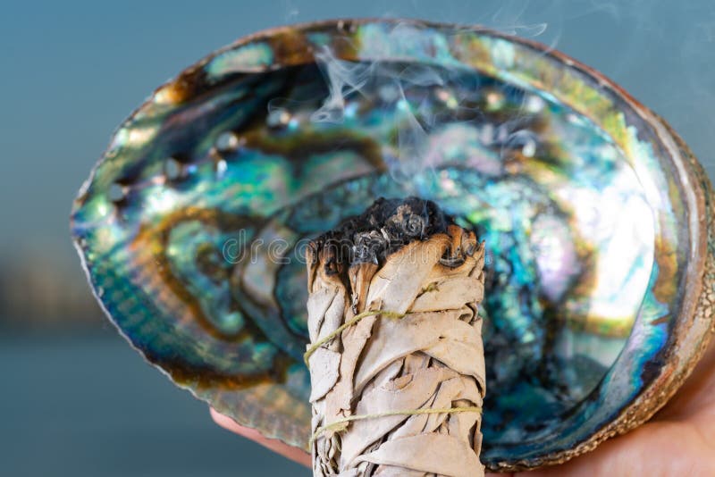 Smudging Ritual Using Burning Thick Leafy Bundle of White Sage in ...