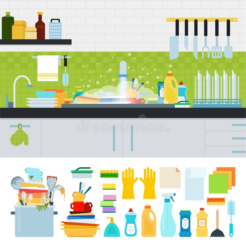 Smutsa Ner Vasken Med Kitchenware Vektor Illustrationer - Illustration ...