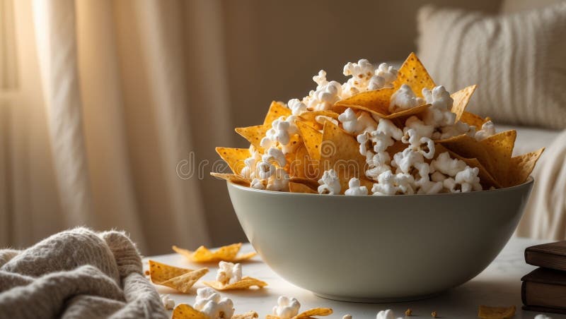 Snack Bowl with Nachos and Popcorn on Cozy Setting Stock Photo - Image ...