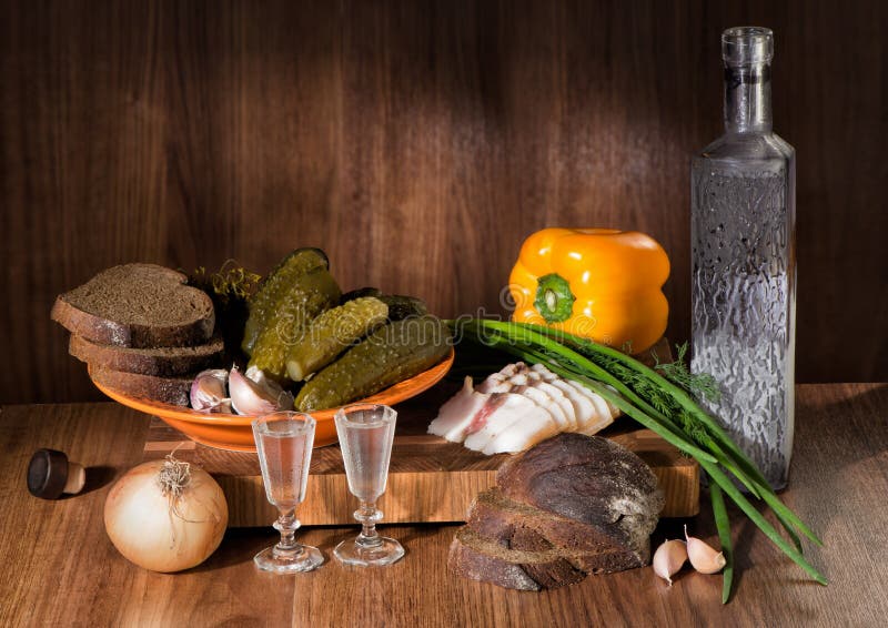 Snack from Fat and Pickles on a Table Stock Image - Image of green ...