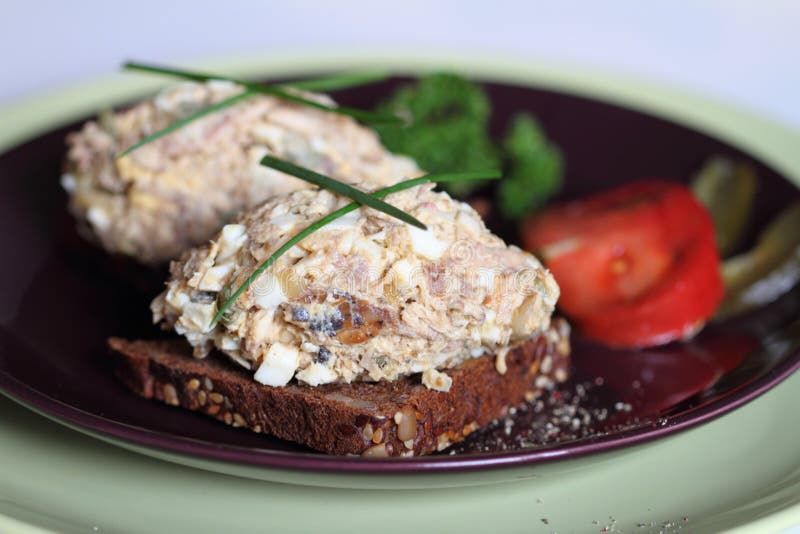 Snack: Fish Paste on Rye Bread Stock Photo - Image of green, pickle ...