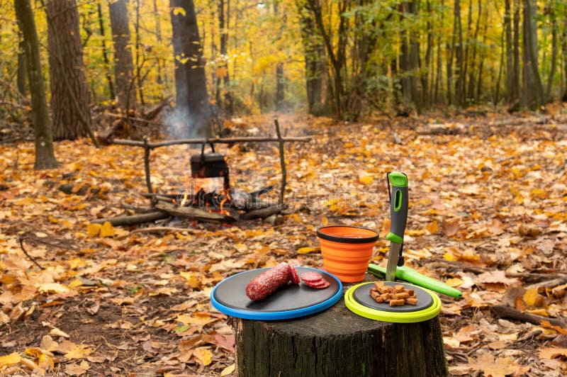 Snack in the Forest. Cooking in the Forest Stock Photo - Image of ...