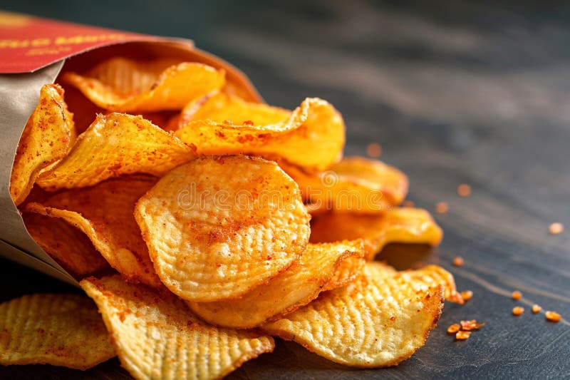 Snack Indulgence Spicy BBQ Potato Chips, Thin Slices in Open Bag Stock ...