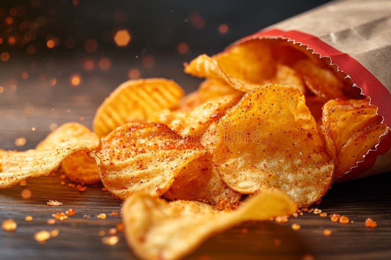 Snack Indulgence Spicy BBQ Potato Chips, Thin Slices in Open Bag Stock ...