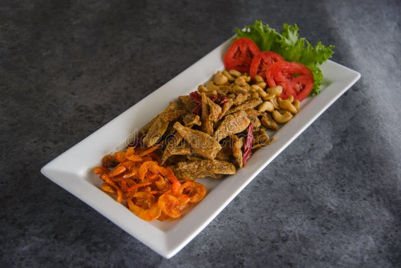 Snack on Long Dish Include Little Shrimp, Fish and Bean Stock Photo ...