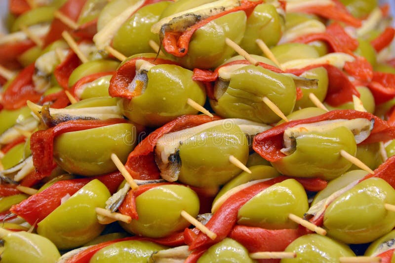 Snack with Olives Fish and Peppers Stock Photo - Image of flat ...