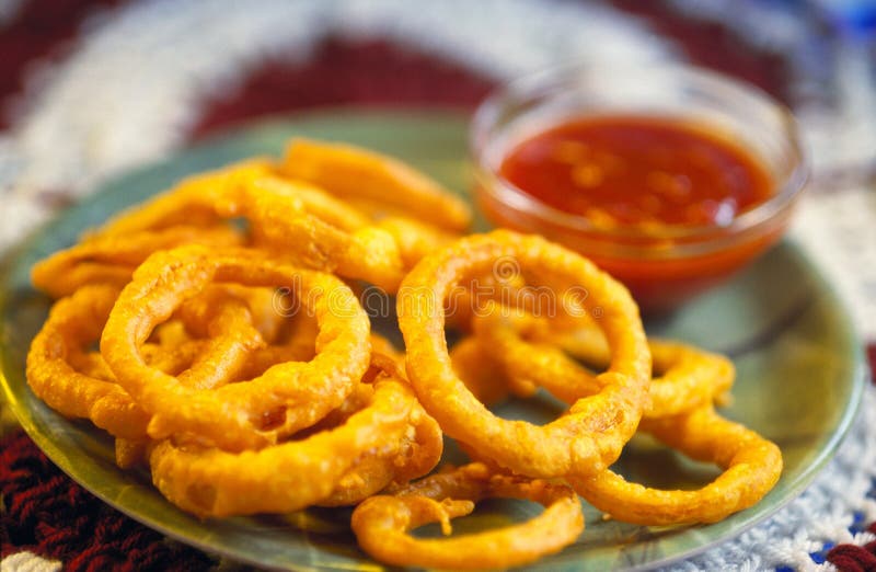 Onion Fried Rings with Tomato Sauce Stock Photo - Image of ketchup ...