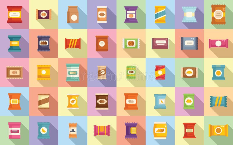 Snack Pack Icons Set Flat Vector. Candy Bag Stock Illustration ...