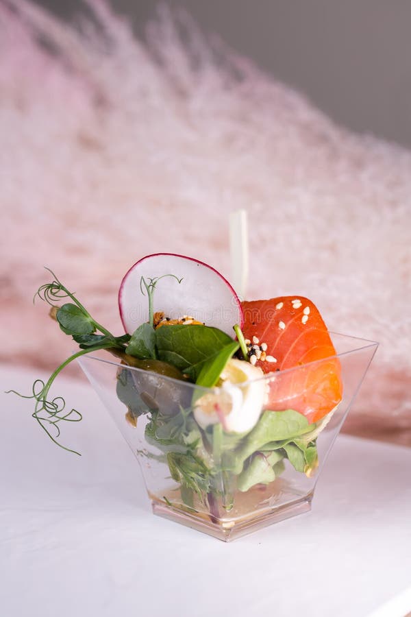 Snack in a Plastic Cup Close-up. Appetizer on the Buffet Table Stock ...