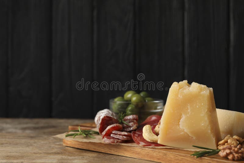 Snack Platter with Parmesan Cheese on Wooden Table. Space for Text ...