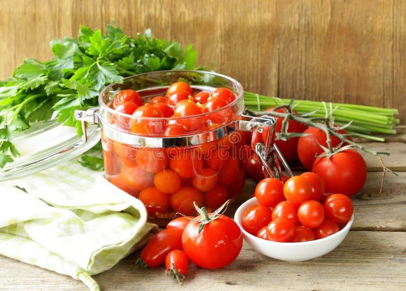 Snack Tomatoes Pickled with Herbs Stock Photo - Image of rustic ...
