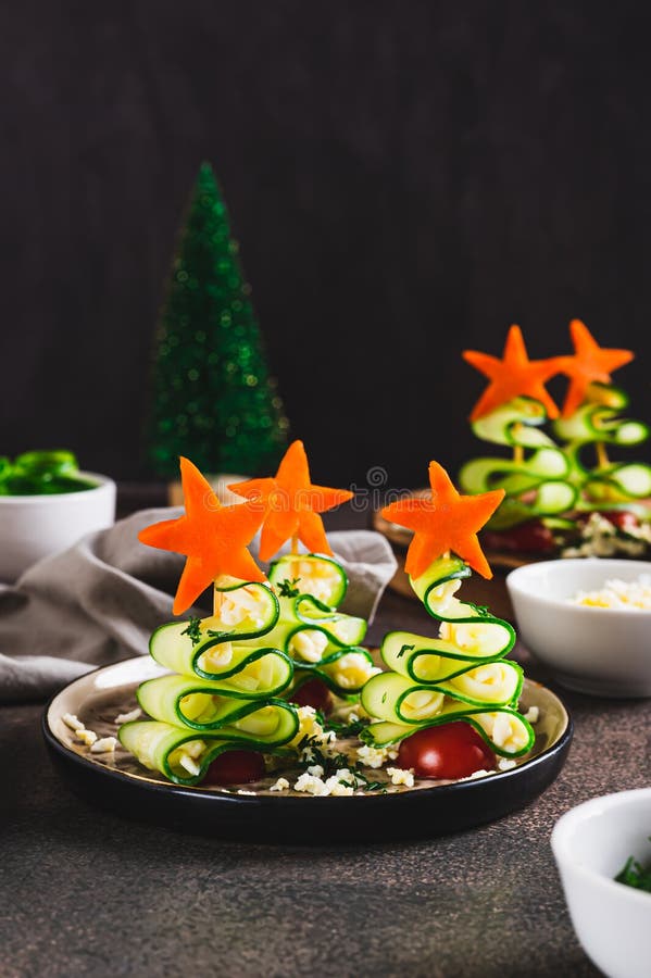 Snack Trees Made of Cucumbers, Tomatoes and Cheese on a Plate on the ...