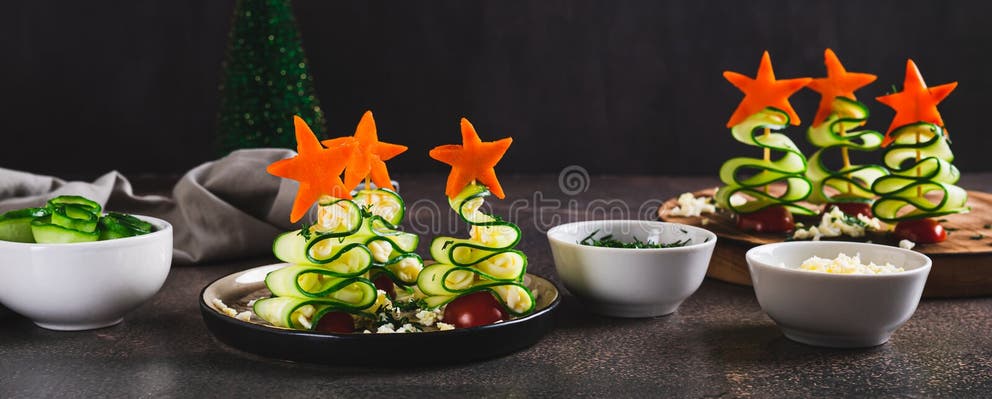 Snack Trees Made of Cucumbers, Tomatoes and Cheese on a Plate on the ...
