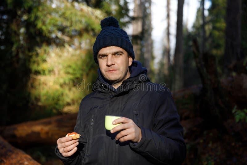 Snack on a Walk in the Woods. Man with Thermos in Nature Stock Image ...