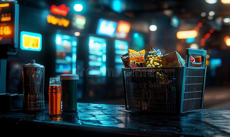 Snacks in Basket, Neon Counter, Night Market Stock Illustration ...