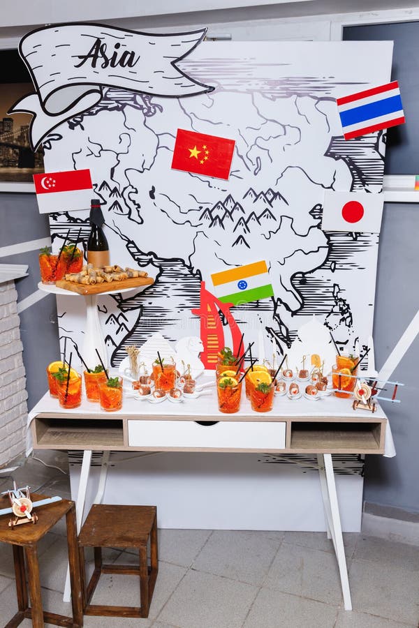 Snacks and Drinks from Different Countries at the Party Stock Photo ...