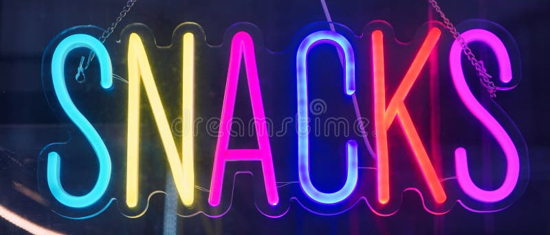 SNACKS Neon sign stock photo. Image of cocktail, cafe - 306684624