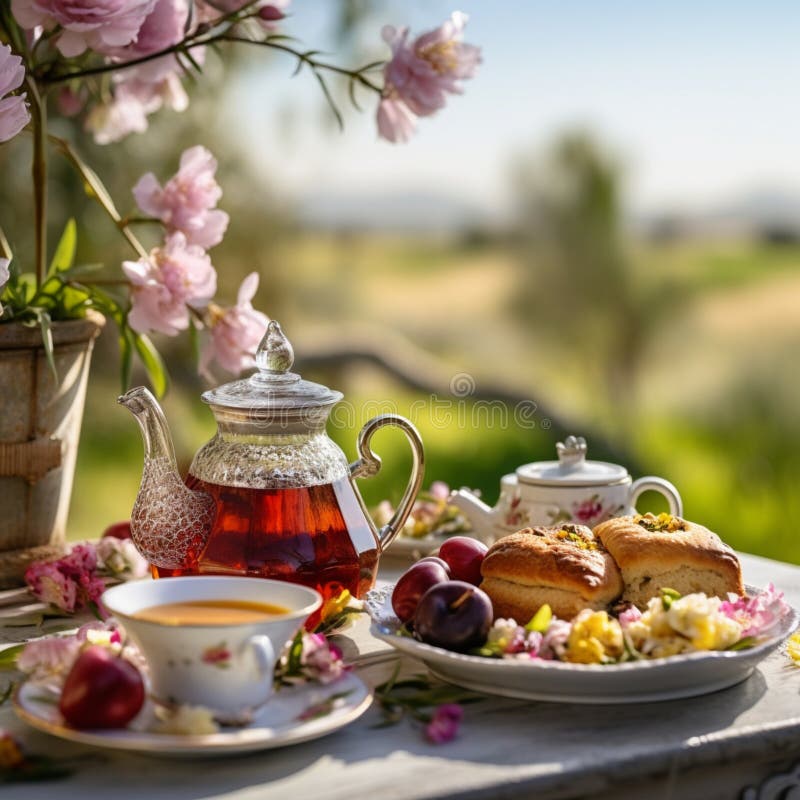 Snacks on Outdoor Tables, Tea on Tables, Garden, AI Generated. Stock ...