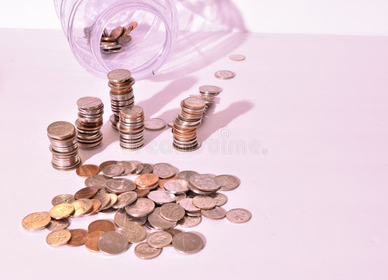 Money Saving Set Up with a Bunch of Change. Stock Image - Image of ...