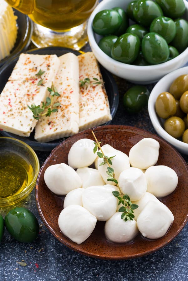 Snacks - Soft Cheeses and Pickles, Vertical Stock Image - Image of ...