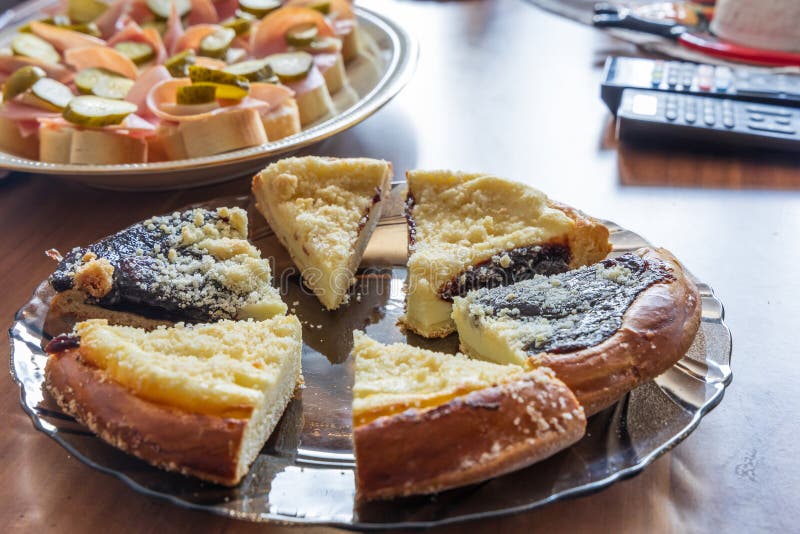 Snacks on the Table. Canapes, Cake, Coffee on the Table in the Room ...