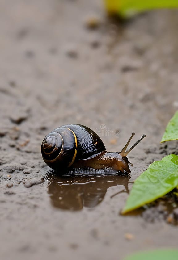 A Snail with a Black Shell Walks on the Muddy Ground Stock Image ...