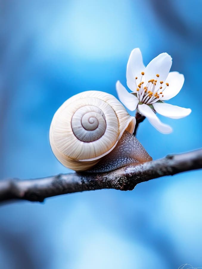 Snail and Blossom on Branch Peaceful Nature Scene Snail Shell Spiral ...
