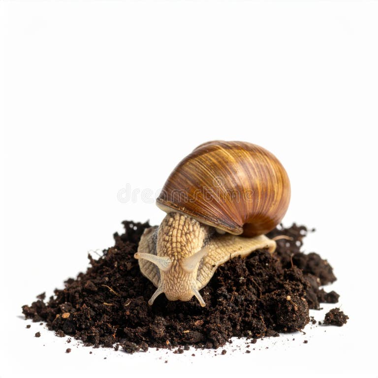 Snail with Brown Shell Crawling on Mound of Dark Soil Against White ...