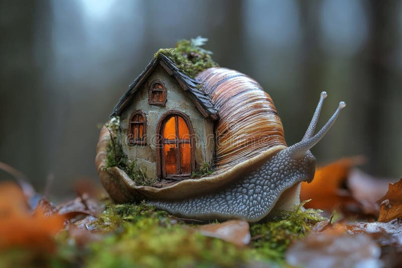 Snail is Carrying a Small, Illuminated House on Its Back in a Mystical ...