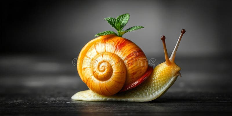 Snail Carrying a Sprig of Mint on Its Shell Against a Dark Background ...