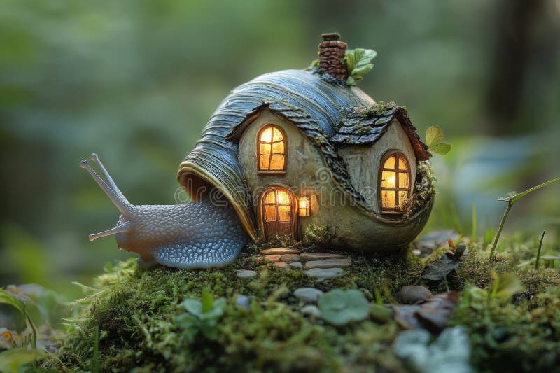 Snail is Carrying a Tiny Illuminated House on Its Back in an Enchanted ...