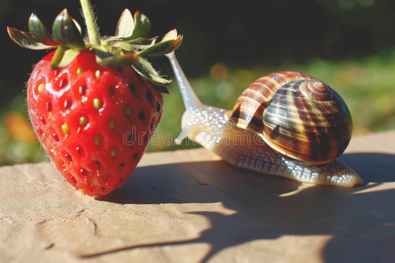Snail Casting a Shadow on a Strawberry during a Sunny Day Outdoors ...