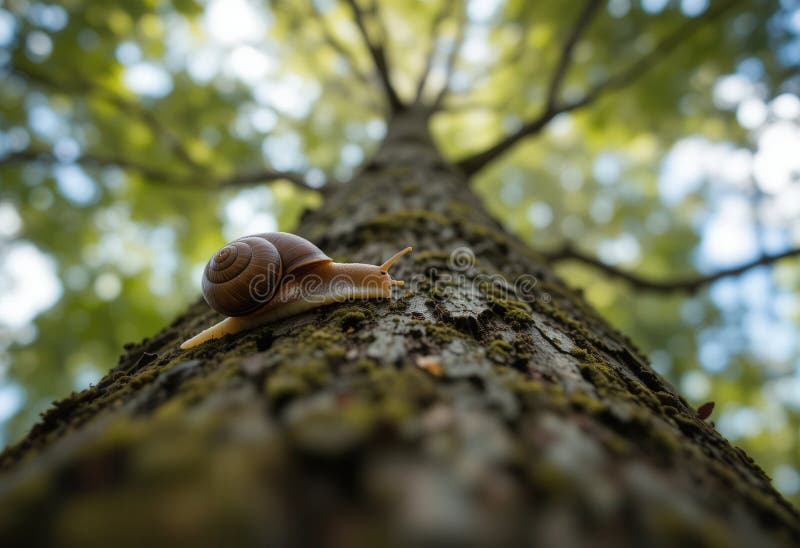 Snail Climbs Tree Trunk in Vibrant Forest Setting during Daytime Stock ...
