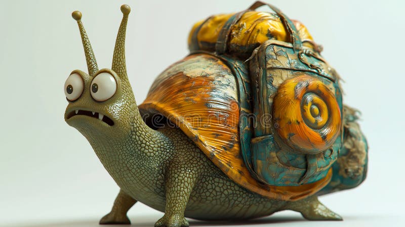 Snail with a Cracked Shell Carries a Backpack in a Whimsical Display of ...