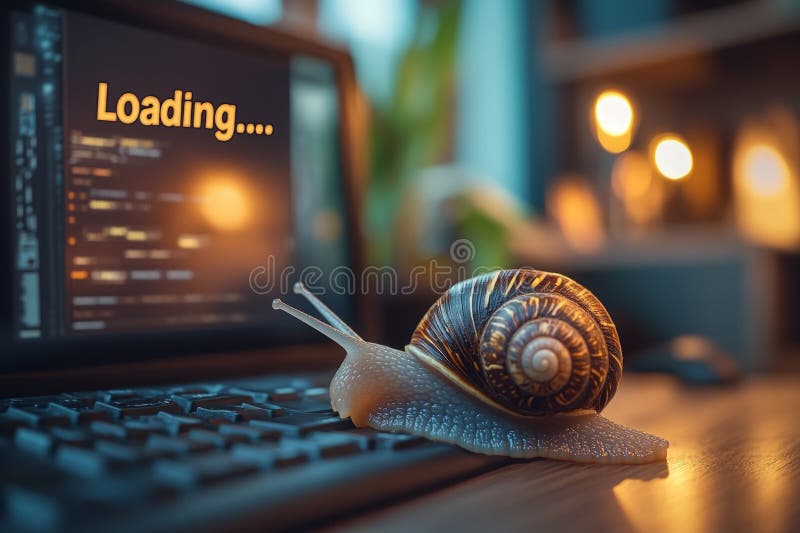 Snail Crawling on Laptop Keyboard with Loading Screen in Background ...