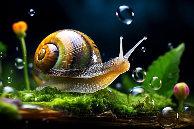 A Snail Crawls Along a Wet Surface in Drops of Water. Close-up Stock ...