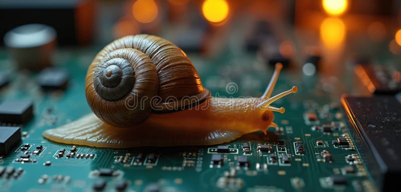 Snail Crawls on Green Motherboard Surface. Concept of Slow Internet ...