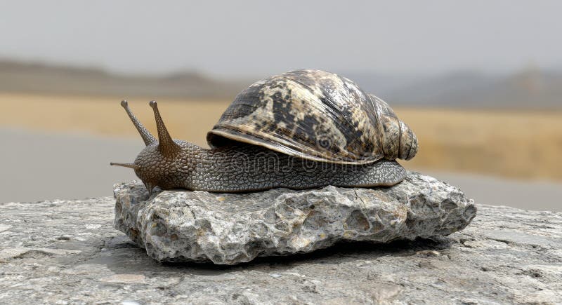 A Snail with a Detailed Brown Shell is Crawling on a Rock in Nature ...