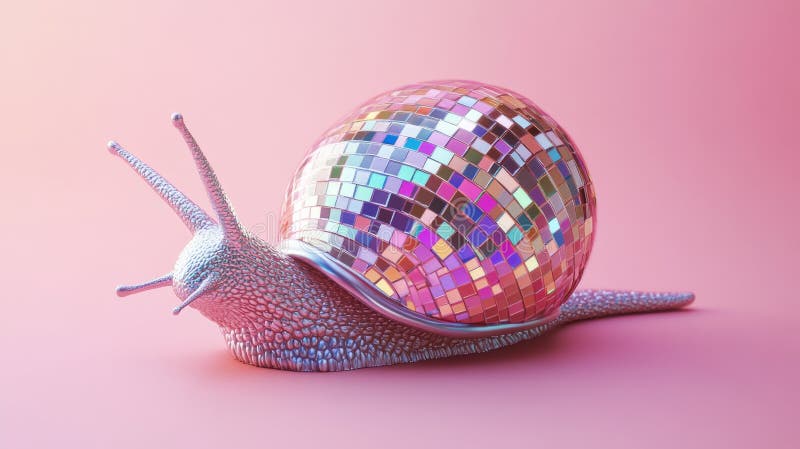 Snail with Disco Ball Shell on Pink Background, Abstract Art Concept ...