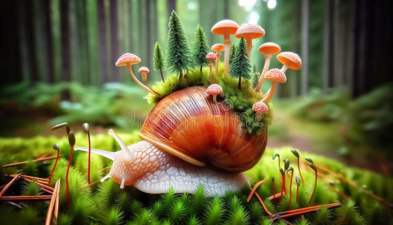 Snail in the Forest with Plants and Mushrooms in Its Shell. Fantasy Art ...