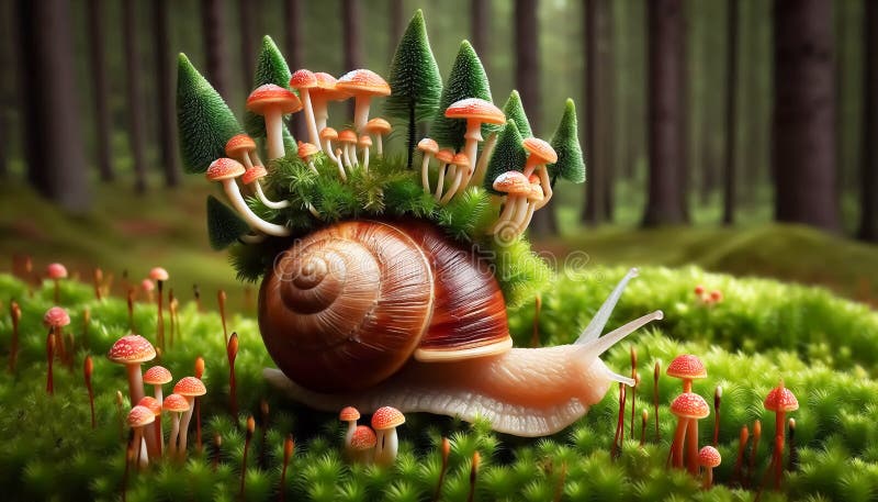 Snail in the Forest with Plants and Mushrooms in Its Shell. Fantasy Art ...