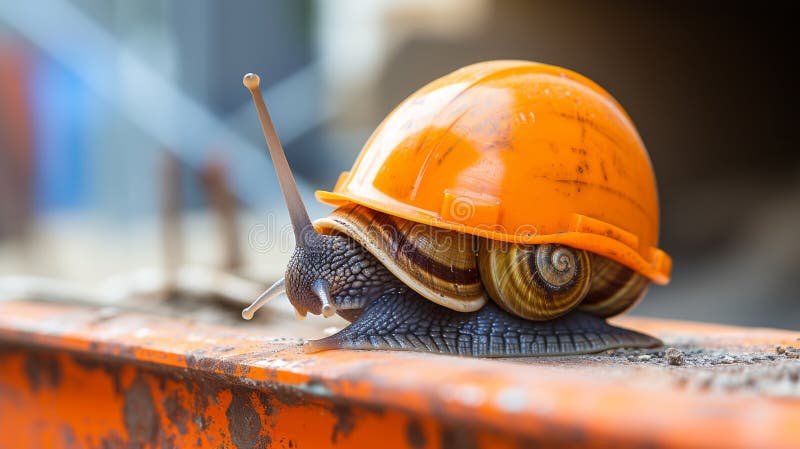 A Snail with a Hard Hat on Its Shell Sitting Next To an Orange Railing ...