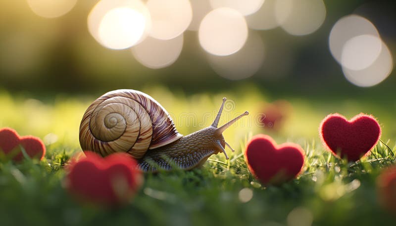 Snail among Heart Shaped Decorations on Lush Green Grass in Sunlight ...