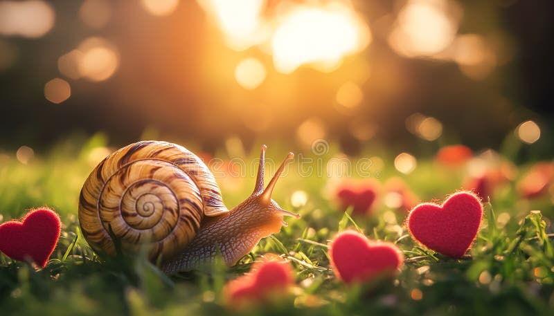 Snail among Heart Shaped Decorations on Lush Green Grass in Sunlight ...