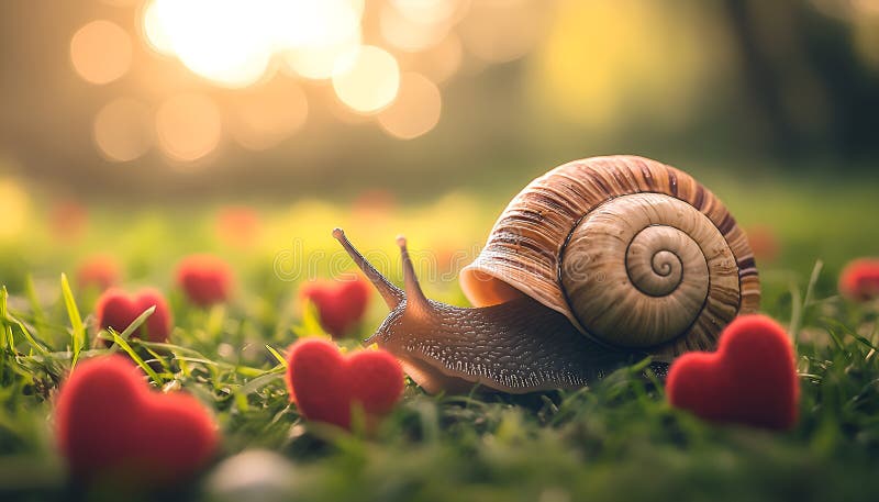 Snail among Heart Shaped Decorations on Lush Green Grass in Sunlight ...